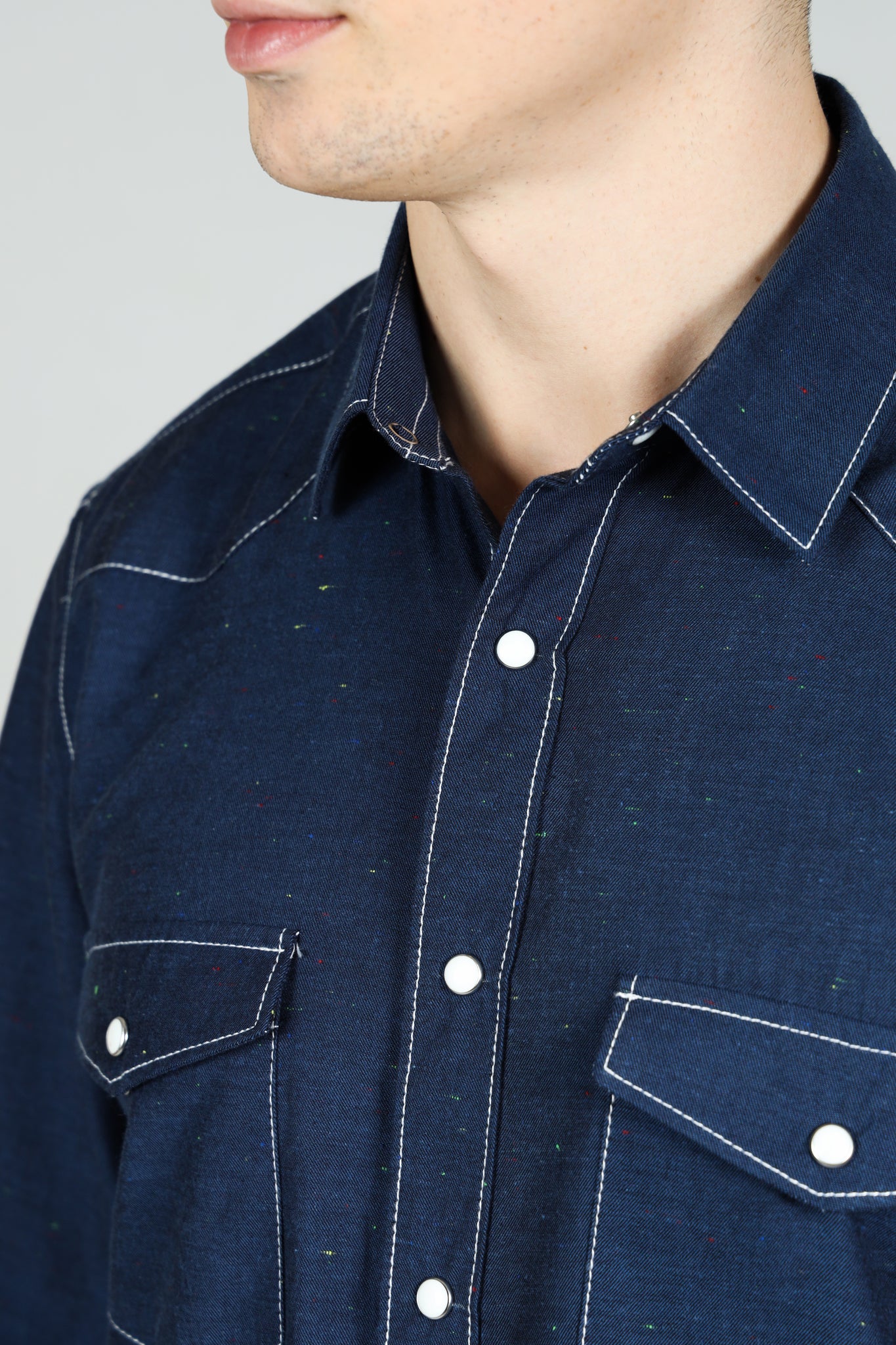 Men's Blue Western Shirt in Twill Cotton with Western Yoke | OZMOD