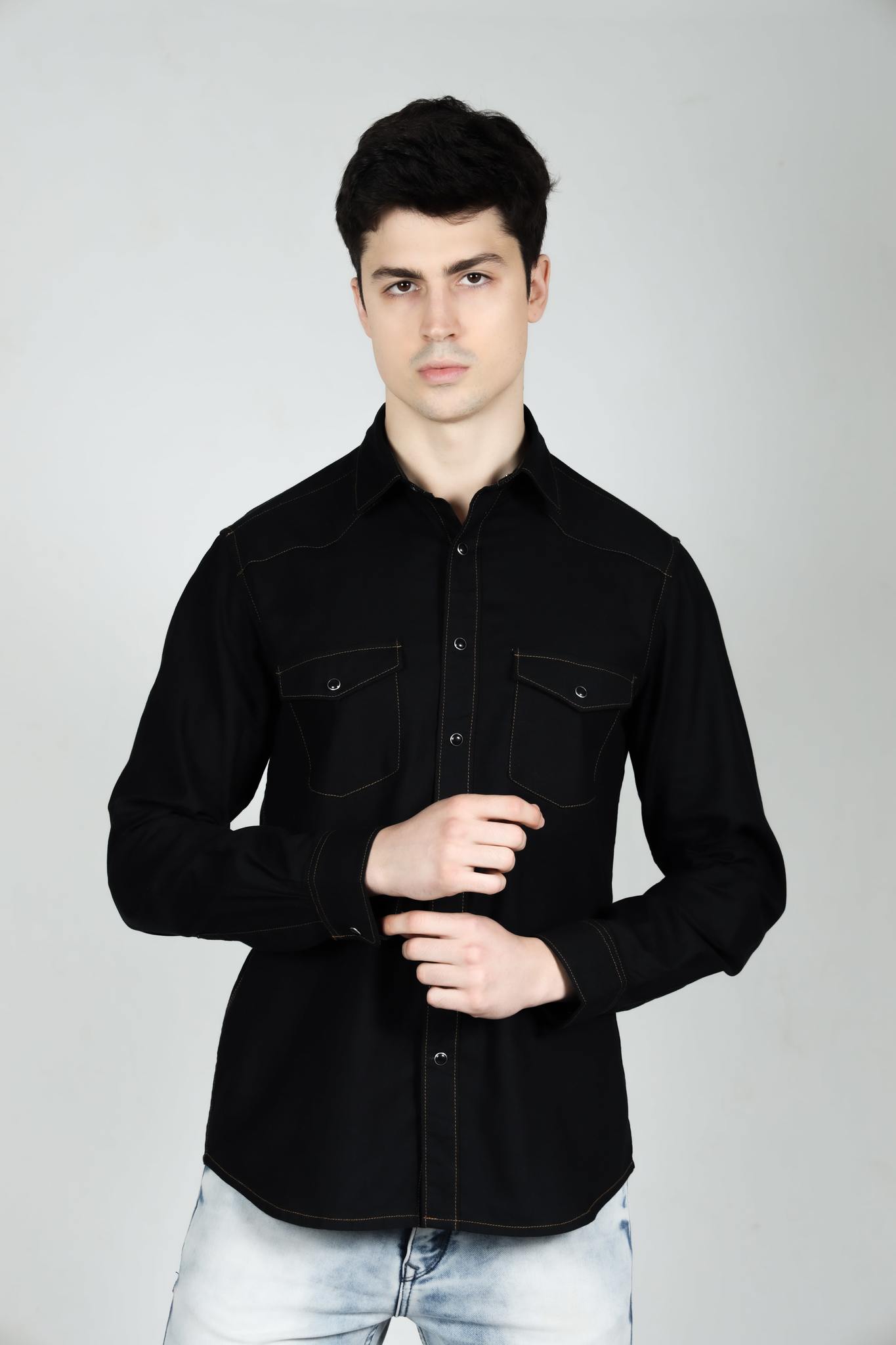 Shop Black Colour Western Shirt in Twill Cotton with Western Yoke | OZMOD