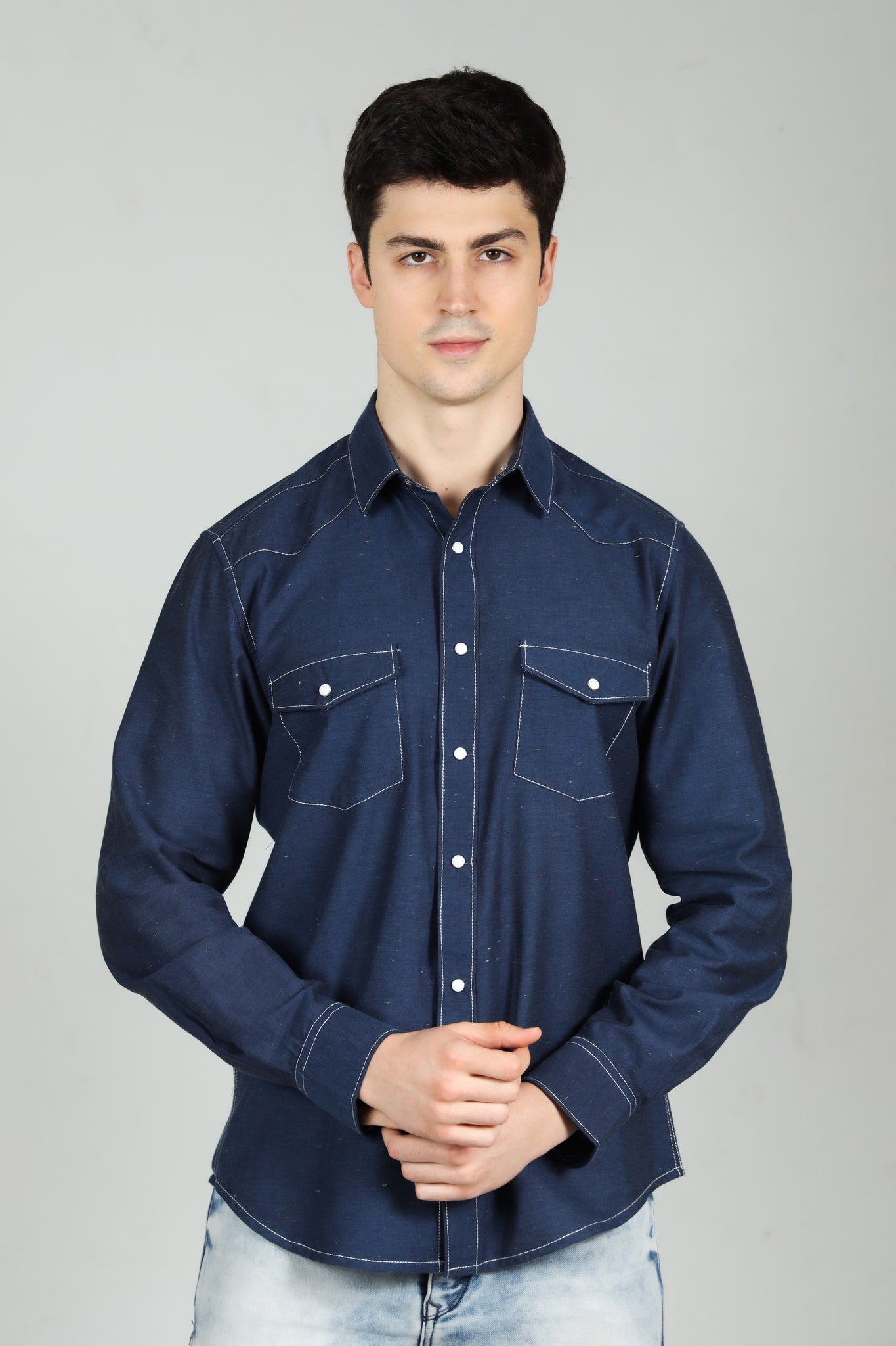 Men's Blue Western Shirt in Twill Cotton with Western Yoke | OZMOD